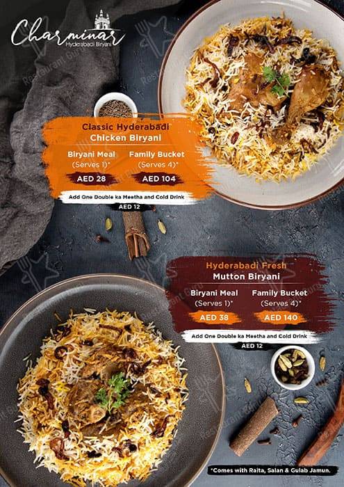 Menu at Charminar Hyderabadi Biryani restaurant, Dubai
