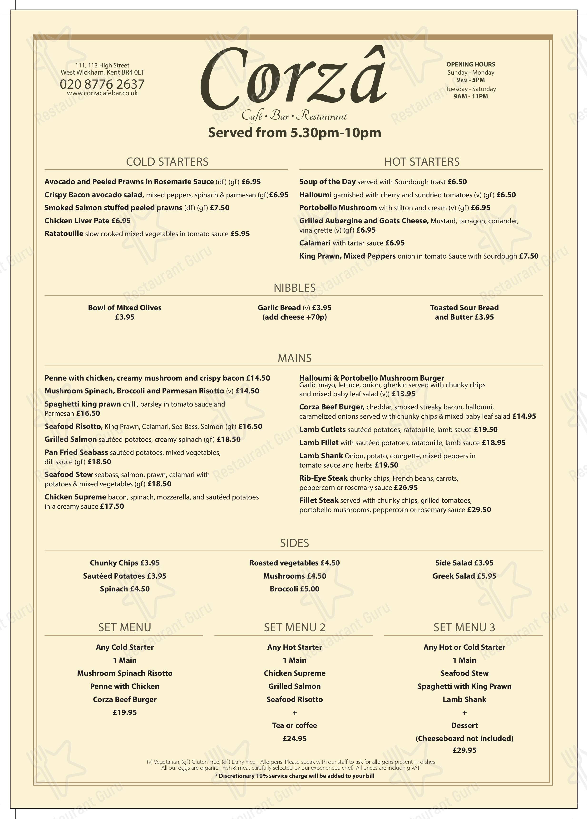 Menu at Corzâ Cafe Bar Restaurant, West Wickham