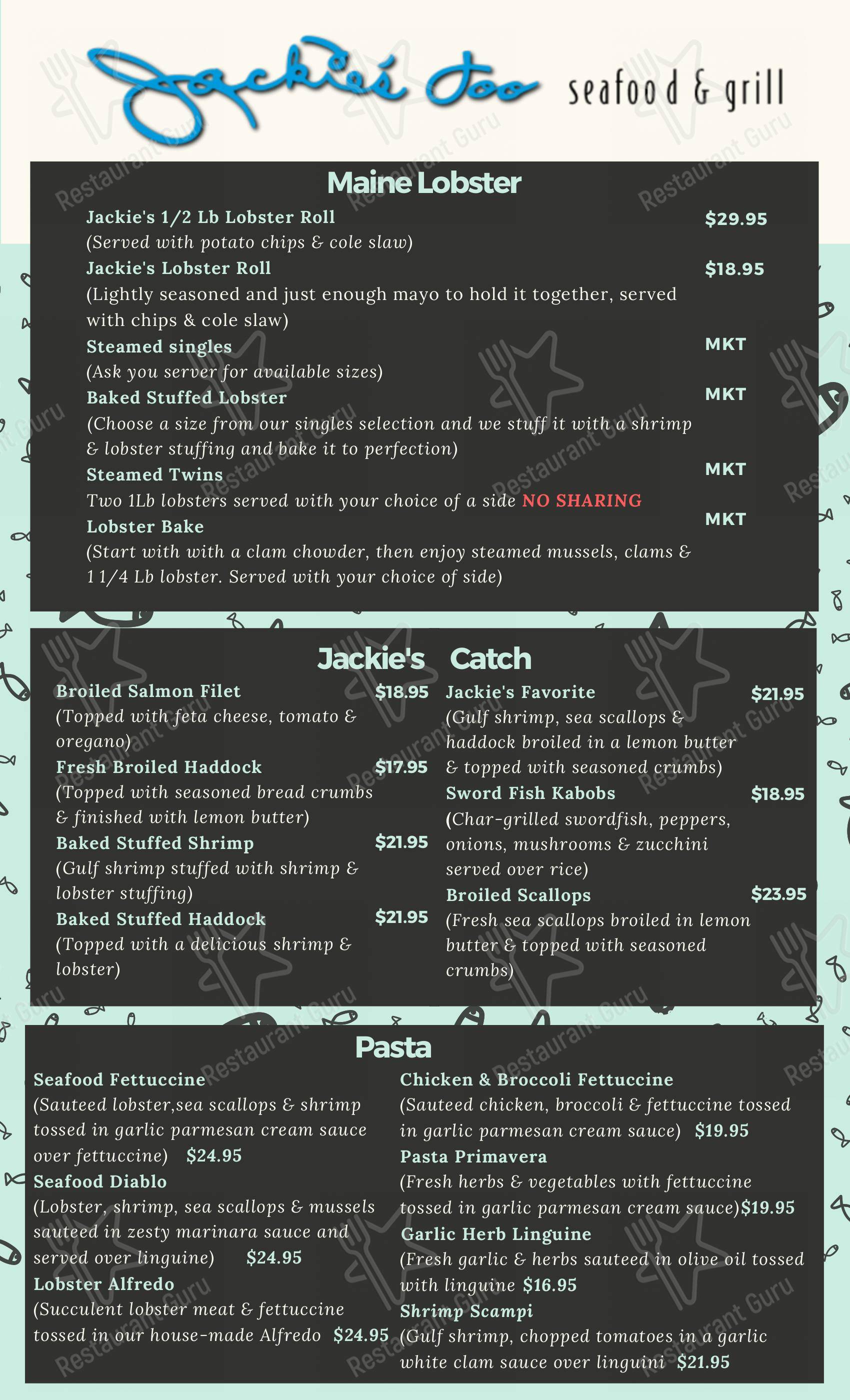 Menu at Jackie's Too pub & bar, Ogunquit, 91 Perkins Cove Rd