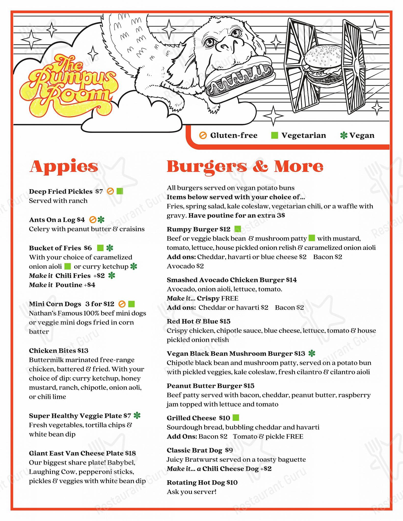 Menu at Rumpus Room pub & bar, Vancouver