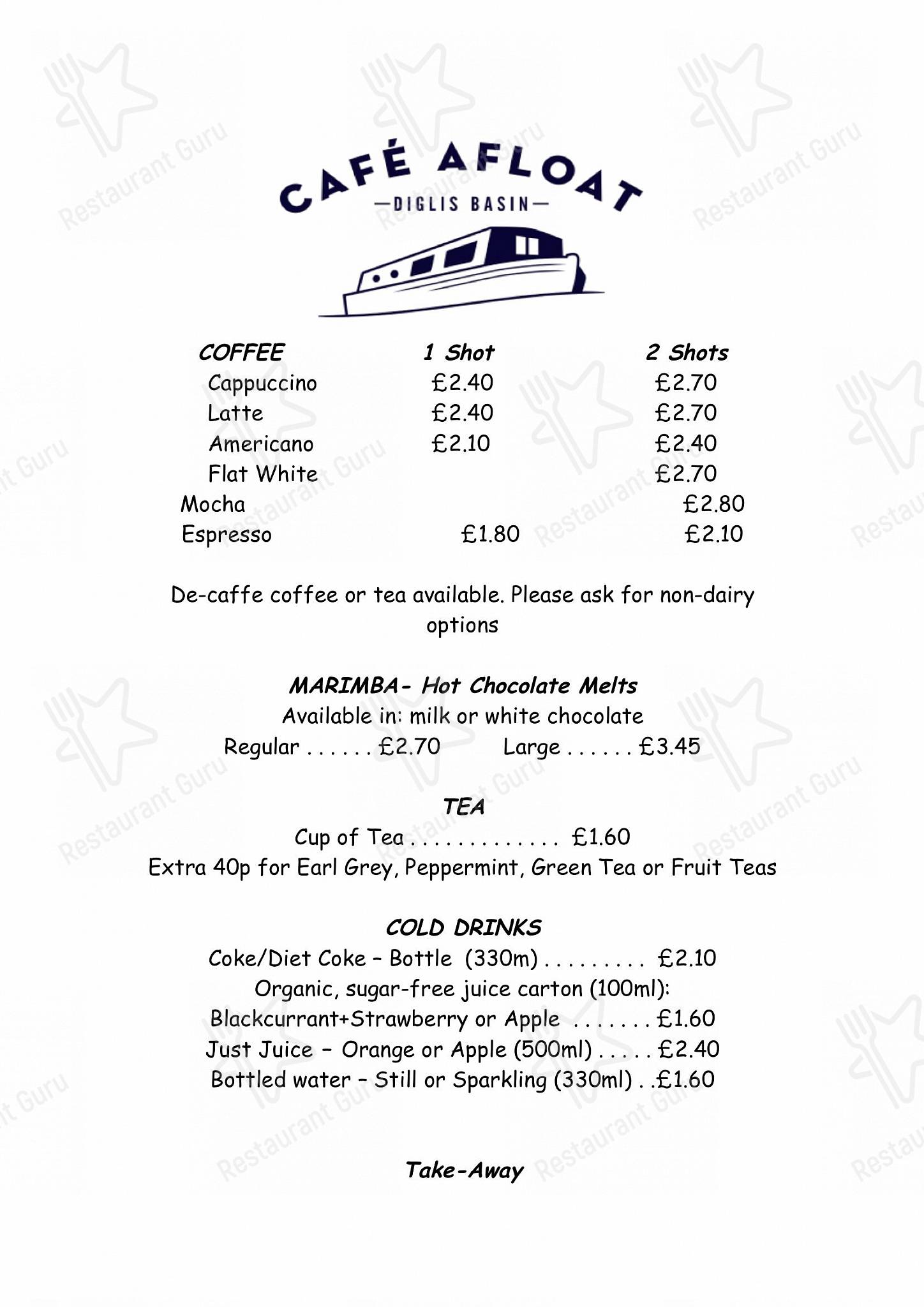 Menu at Café Afloat cafe, Worcester
