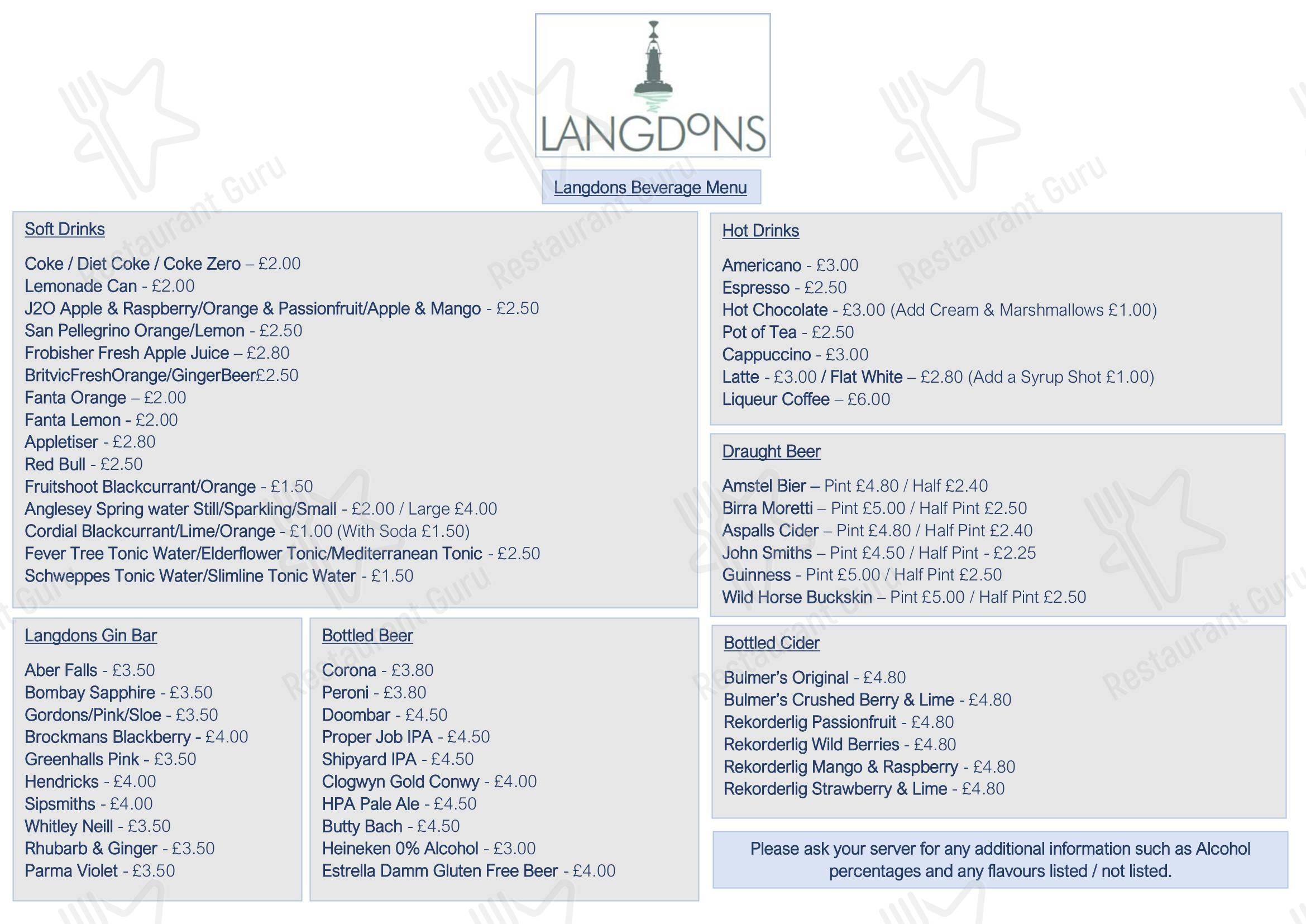 Menu at Langdons Restaurant And Bar, Holyhead