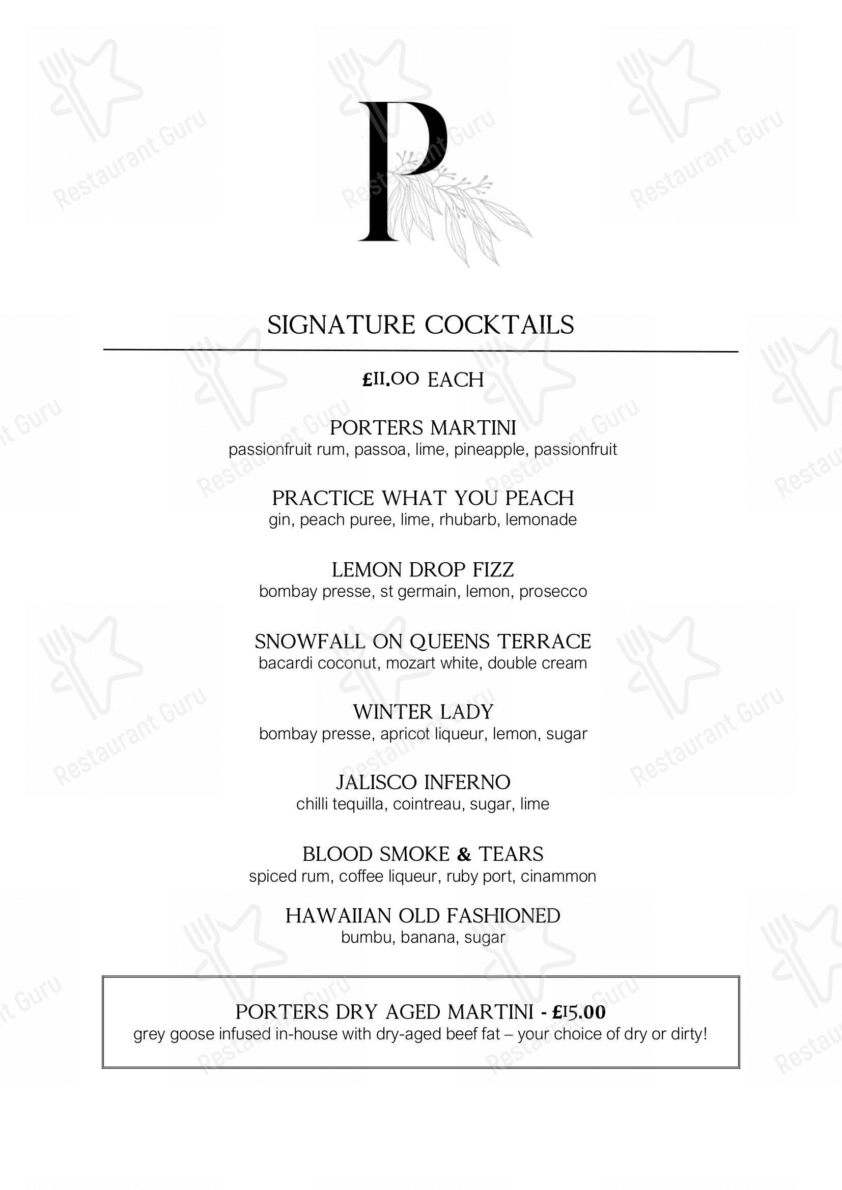 Carta de Porters Steakhouse, Southampton