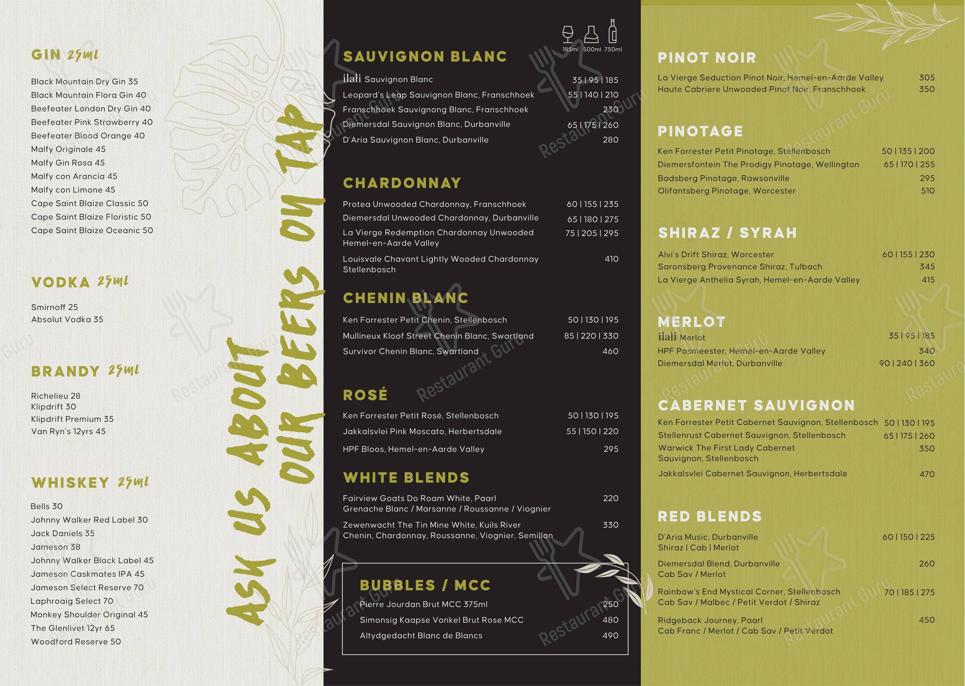 Menu at Ilali Restaurant, Wilderness