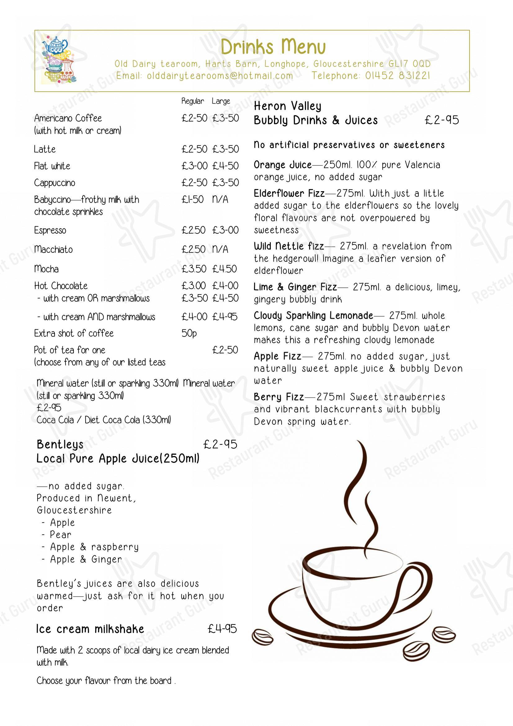 Menu at The Old Dairy Tearoom cafe, Longhope, Harts Barn Craft Centre