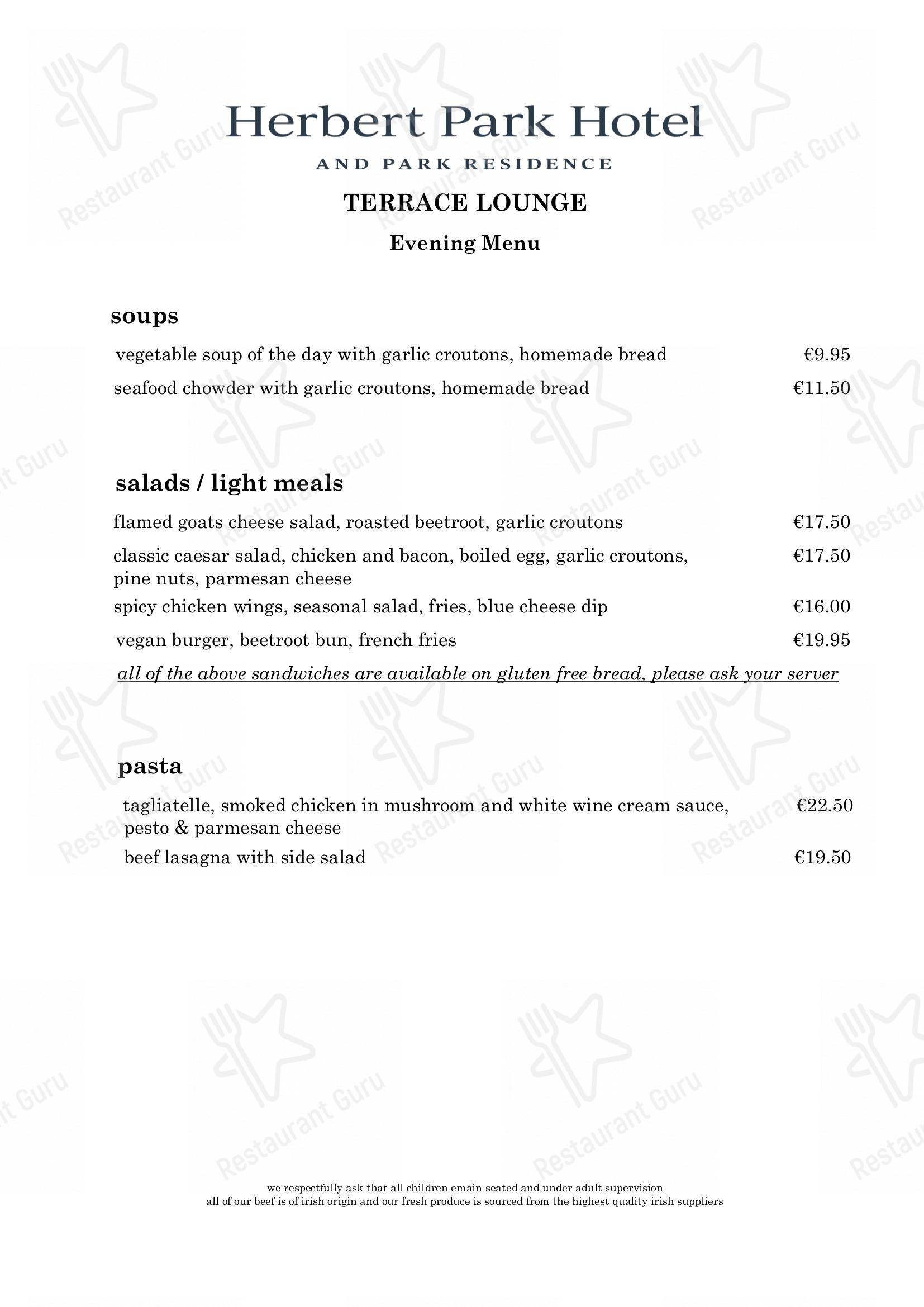 Menu at Herbert Park Hotel and Park Residence restaurant, Dublin