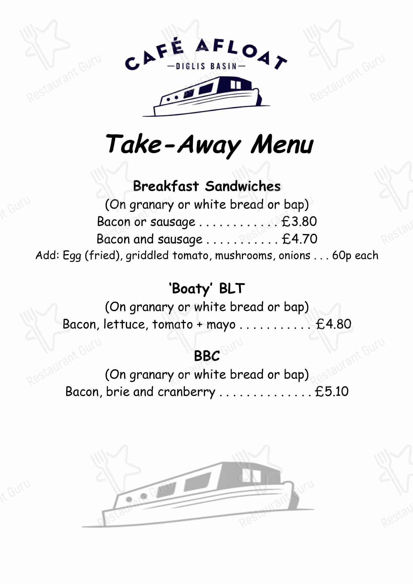 Menu at Café Afloat cafe, Worcester