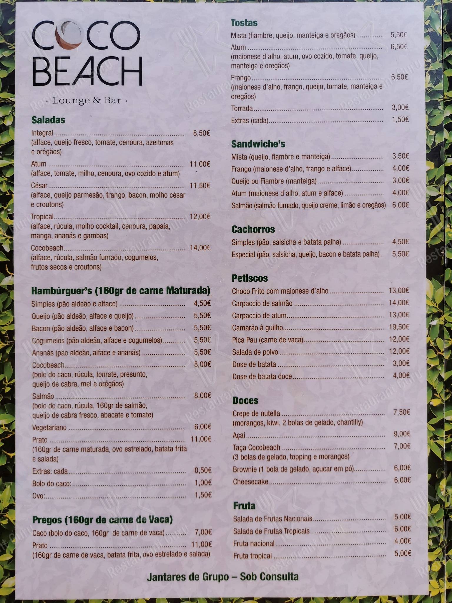 Menu em Coco Beach restaurante, Almada