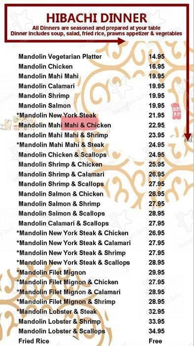 Menu at Mandolin Sushi & Japanese steak house restaurant, Tacoma