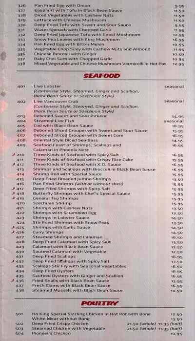 Menu at New Ho King restaurant, Toronto