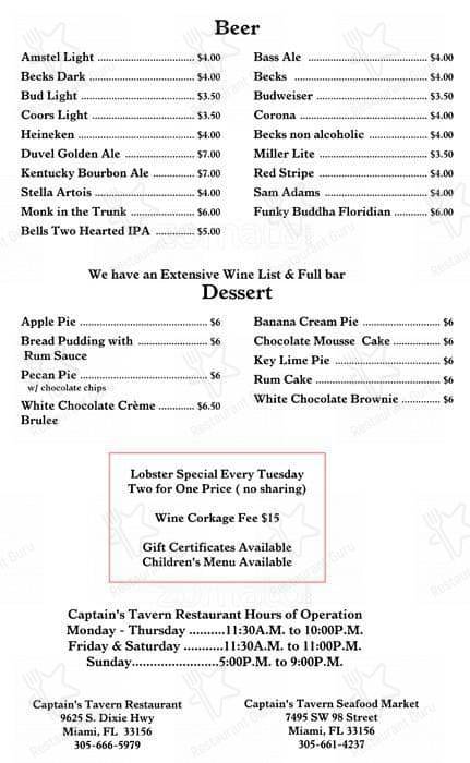 Menu at Captain's Tavern Restaurant, Miami, S Dixie Hwy