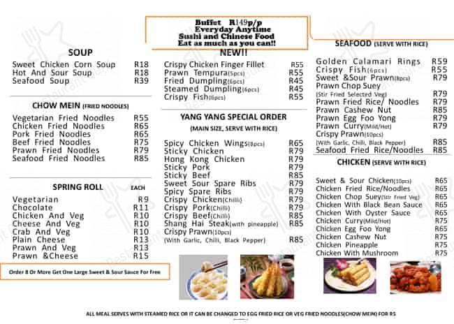 Menu at Yang Yang Chinese Restaurant & Sushi Bar, Cape Town