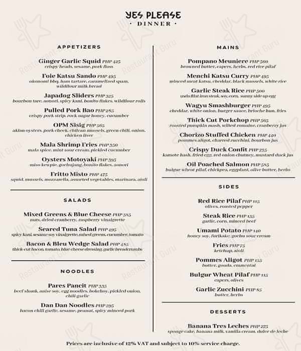 Menu at Yes Please at The Palace pub & bar, Taguig, 38th St. Uptown