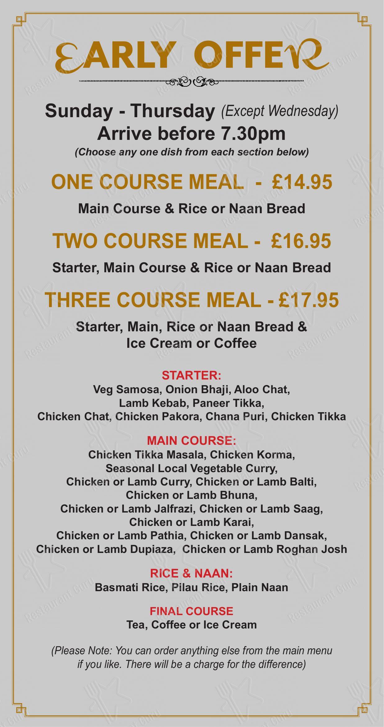 Menu at Avatar restaurant, Market Harborough