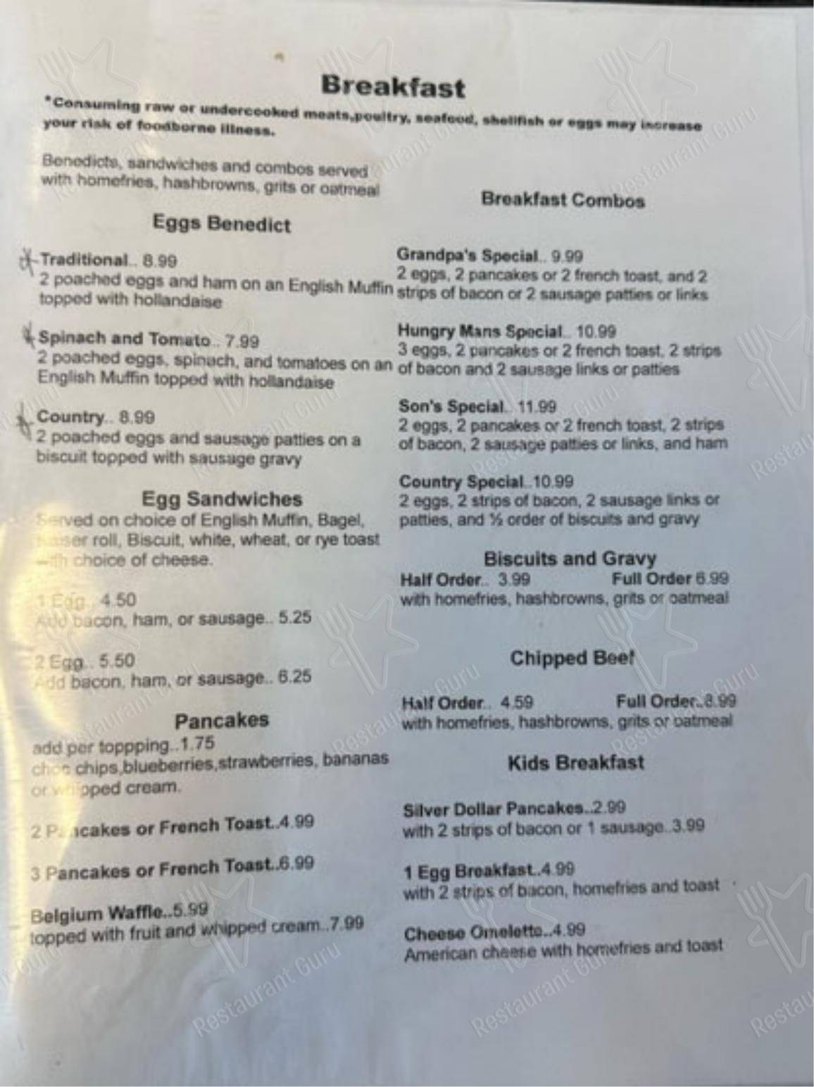 Menu at Grandpa's Diner restaurant, Port St. Lucie