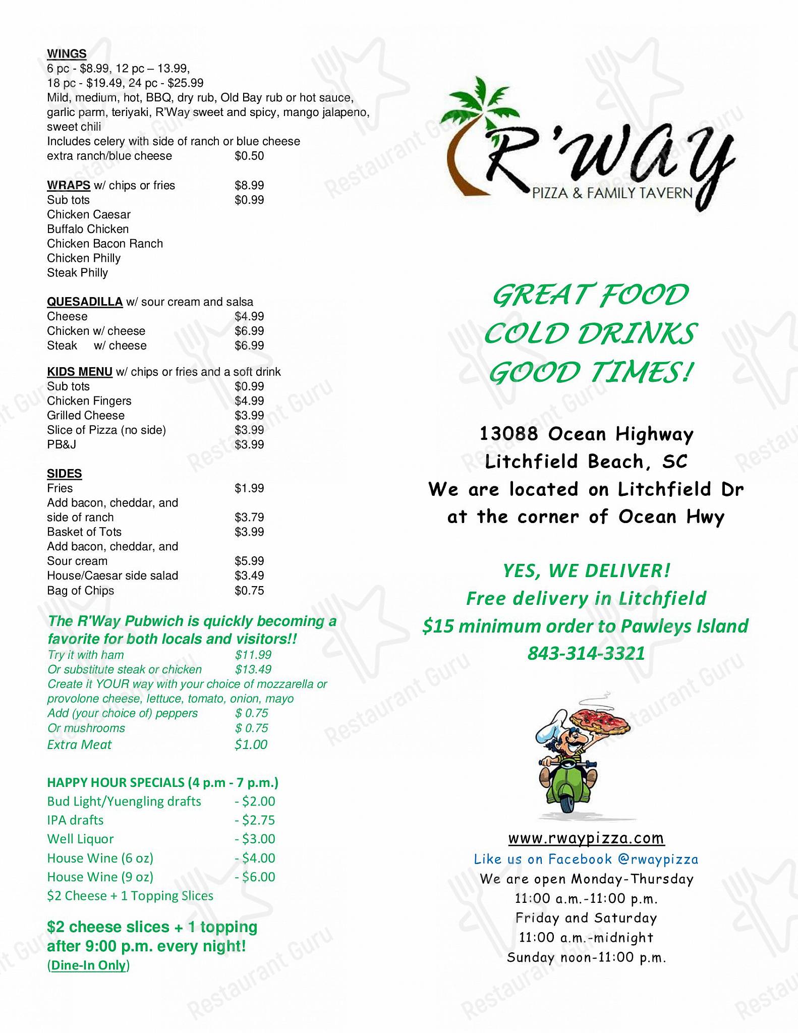 Menu at R'Way Pizza and Family Tavern pub & bar, Pawleys Island