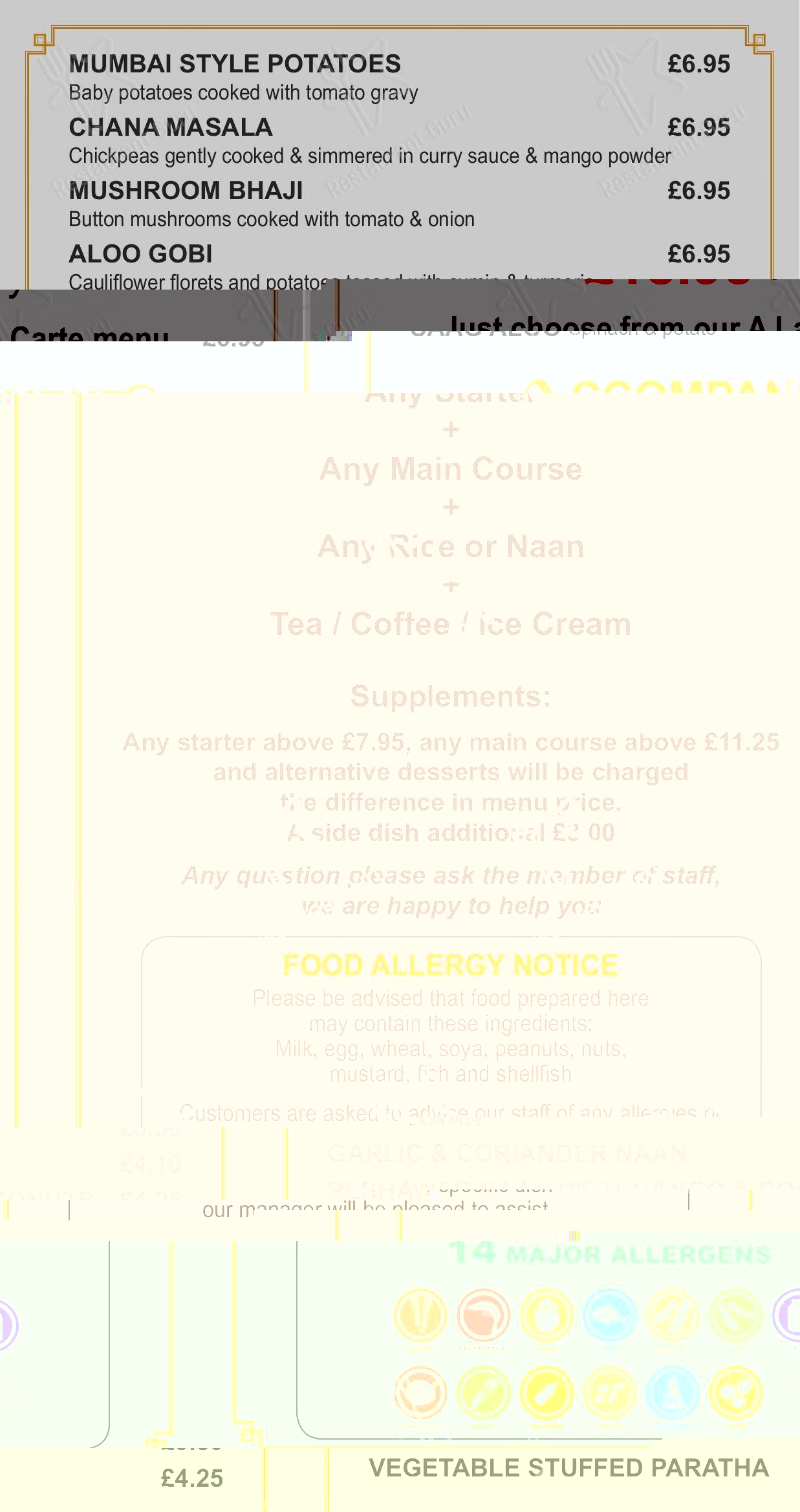 Menu at Avatar restaurant, Market Harborough