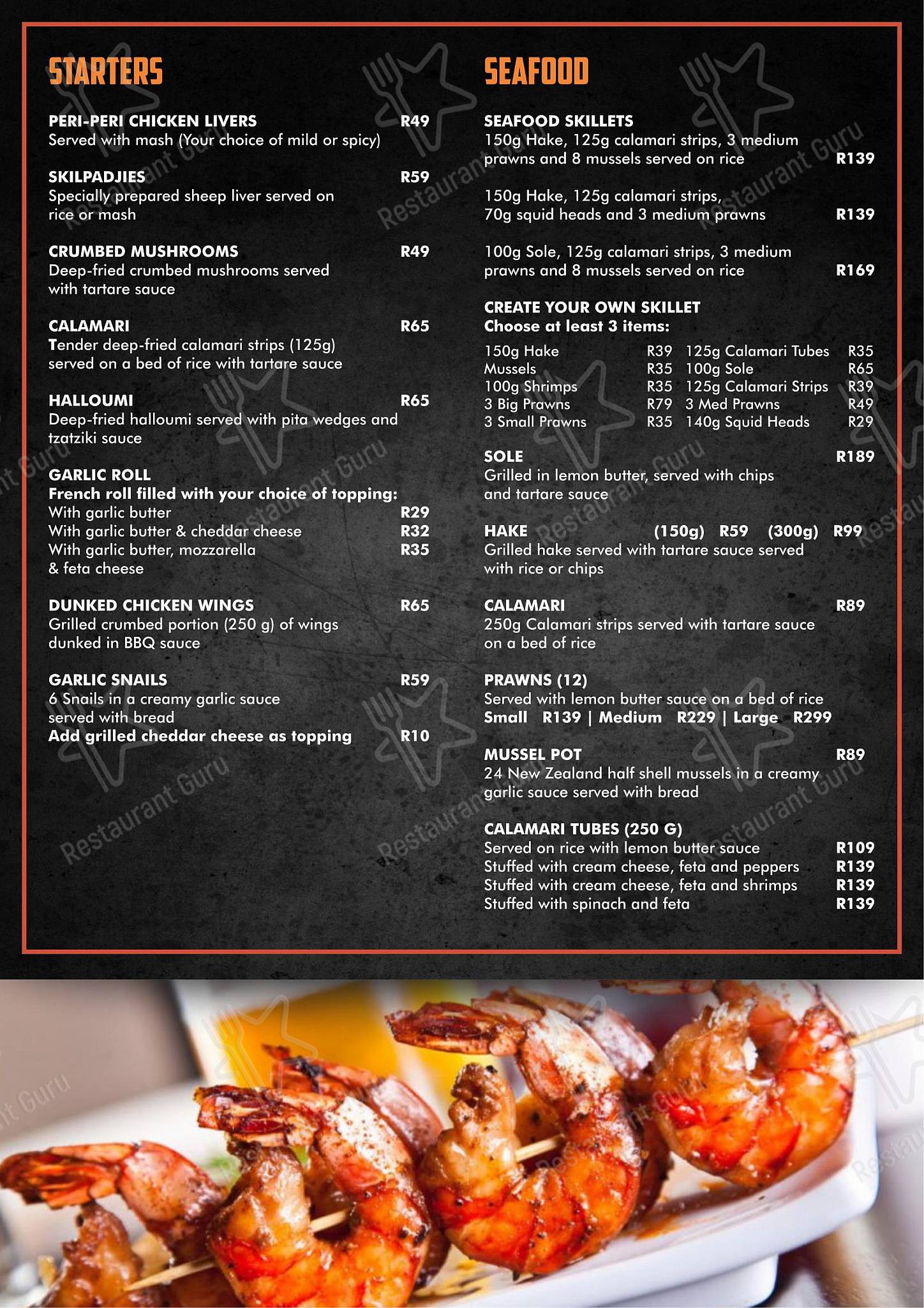Menu at Kalahari.fish restaurant, Bloemfontein