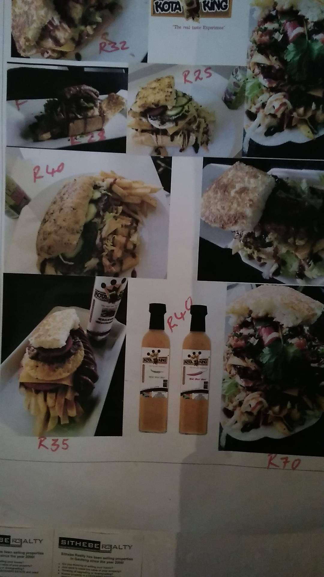 Menu at kota king restaurant, Soweto, Protea Blvd
