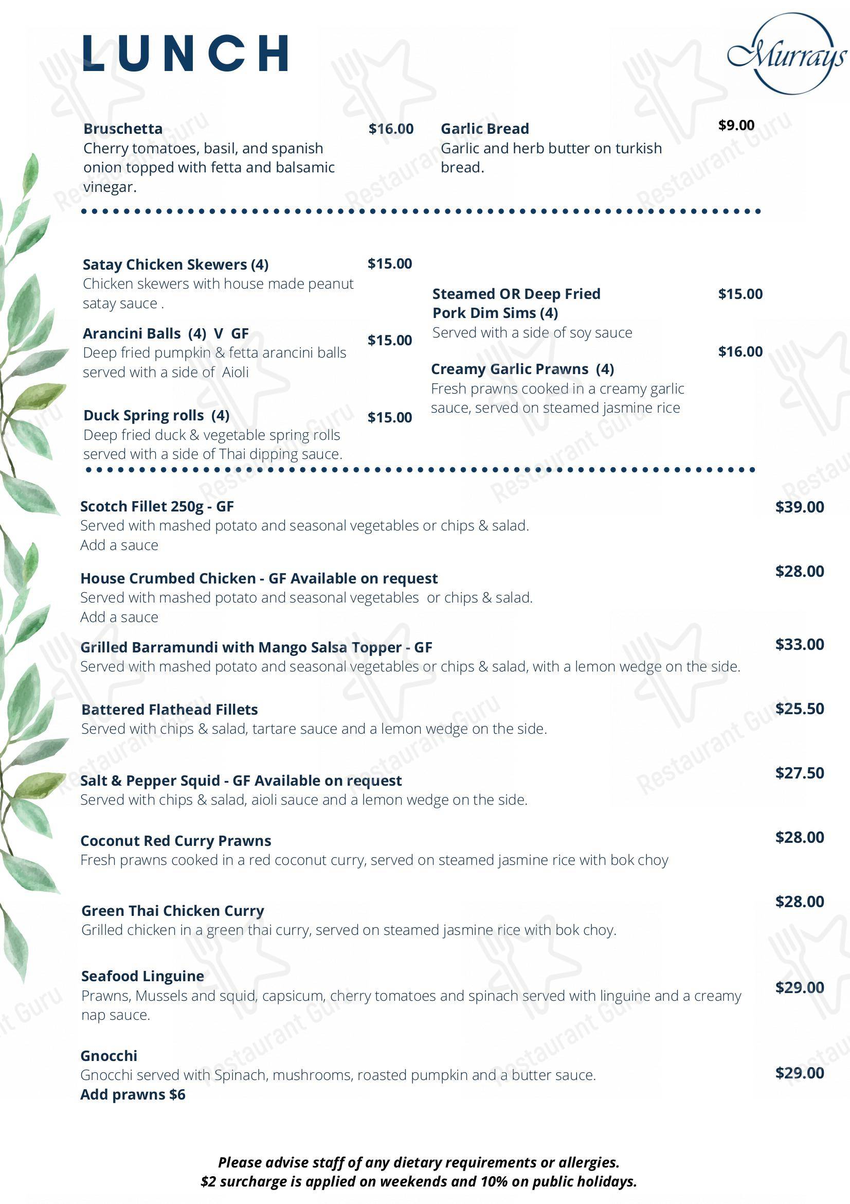 Menu at Murrays Restaurant and Cafe, Murrays Beach