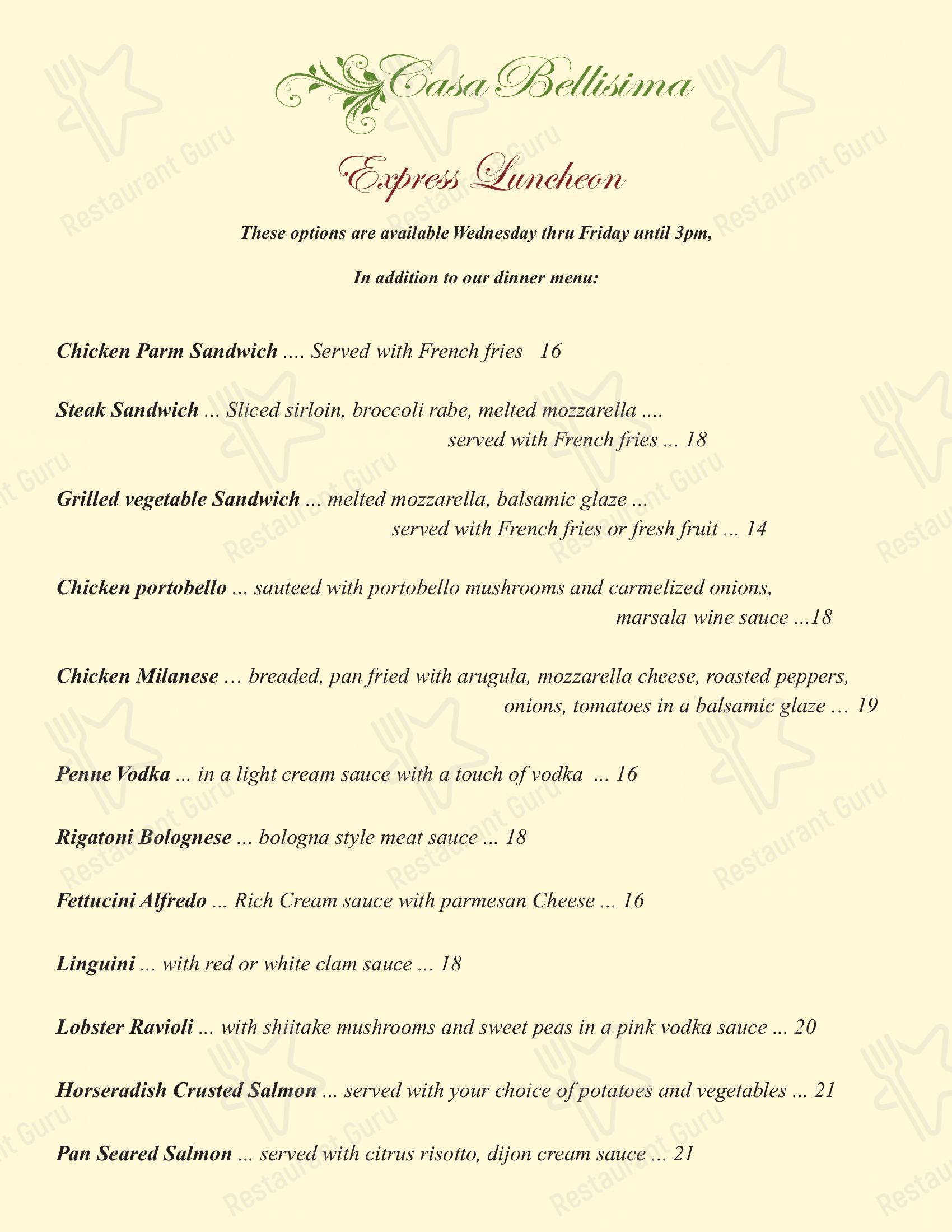 Menu at Casa Bellisima restaurant, Andover Township