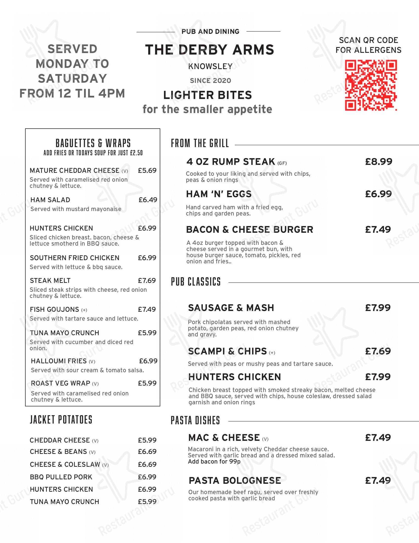 Menu at Derby Arms pub & bar, Prescot, 635 Knowsley Ln