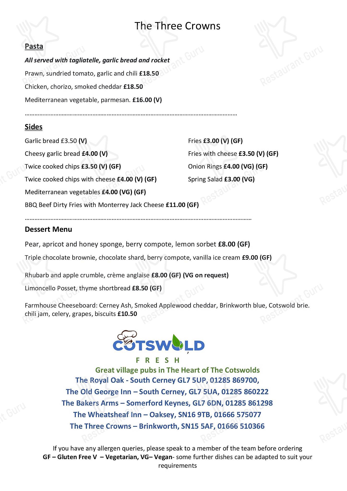 Menu at The Three Crowns, Brinkworth pub & bar, Brinkworth