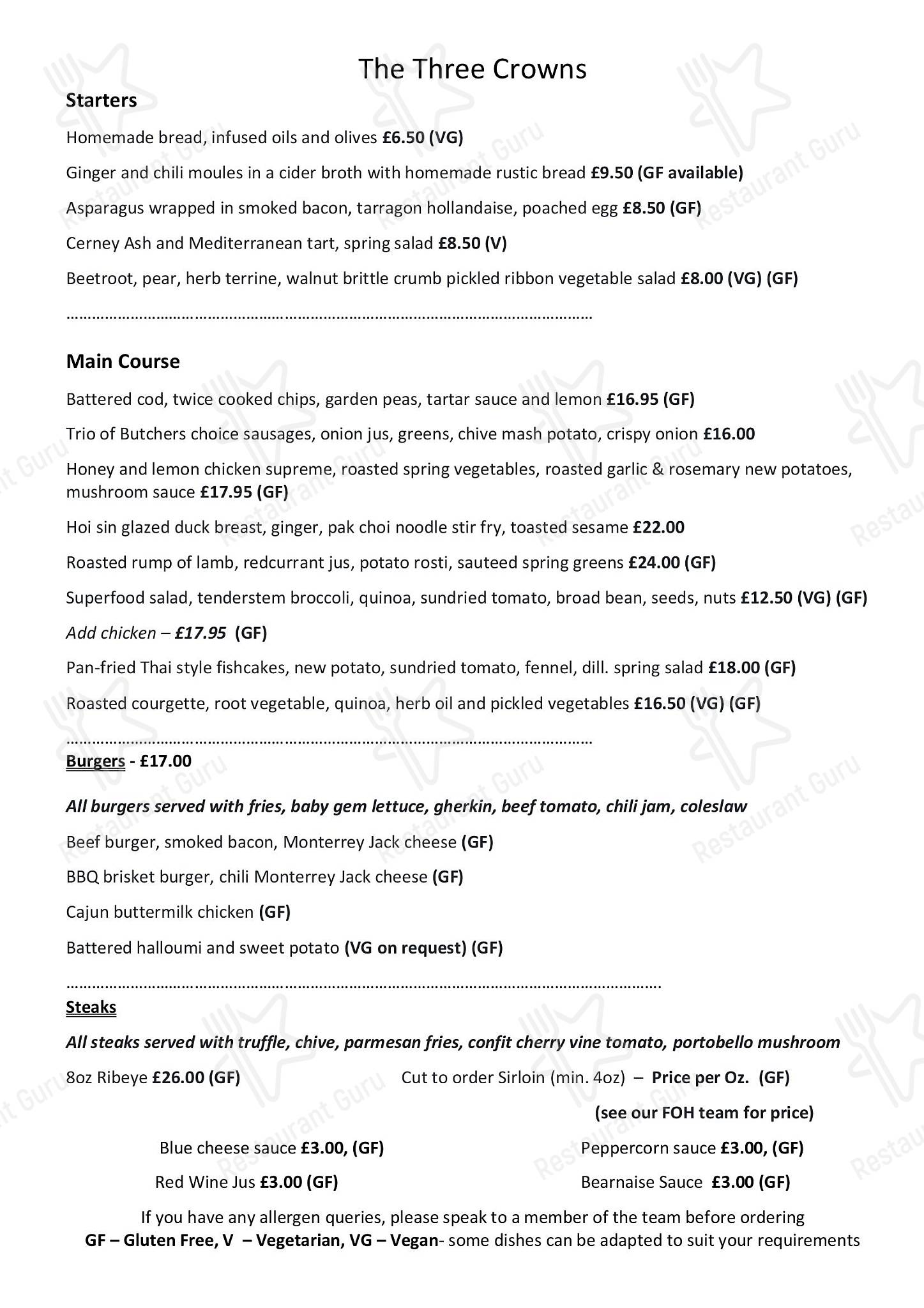 Menu at The Three Crowns, Brinkworth pub & bar, Brinkworth