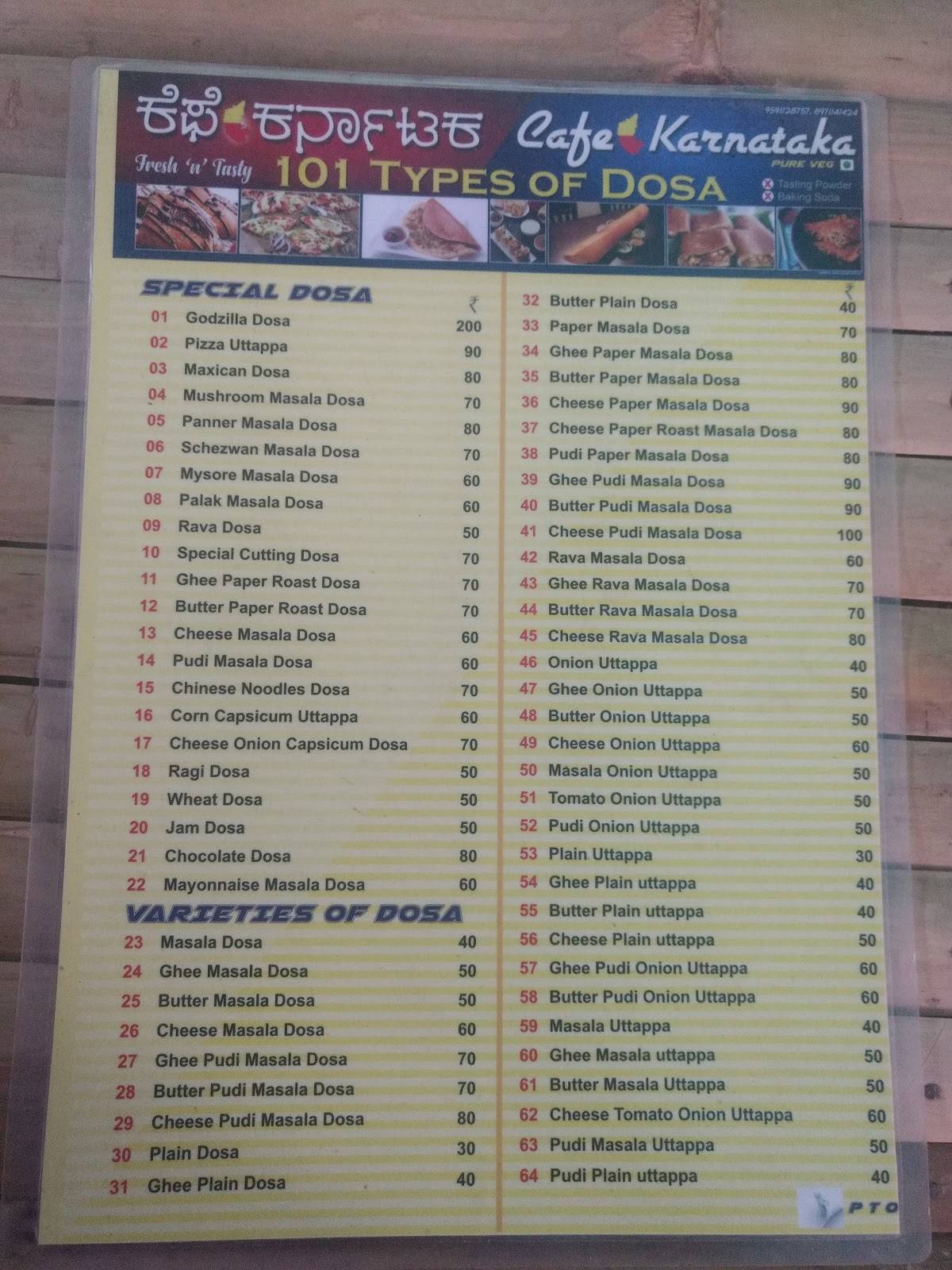 Menu at 101 Types Of Dosa, Davanagere
