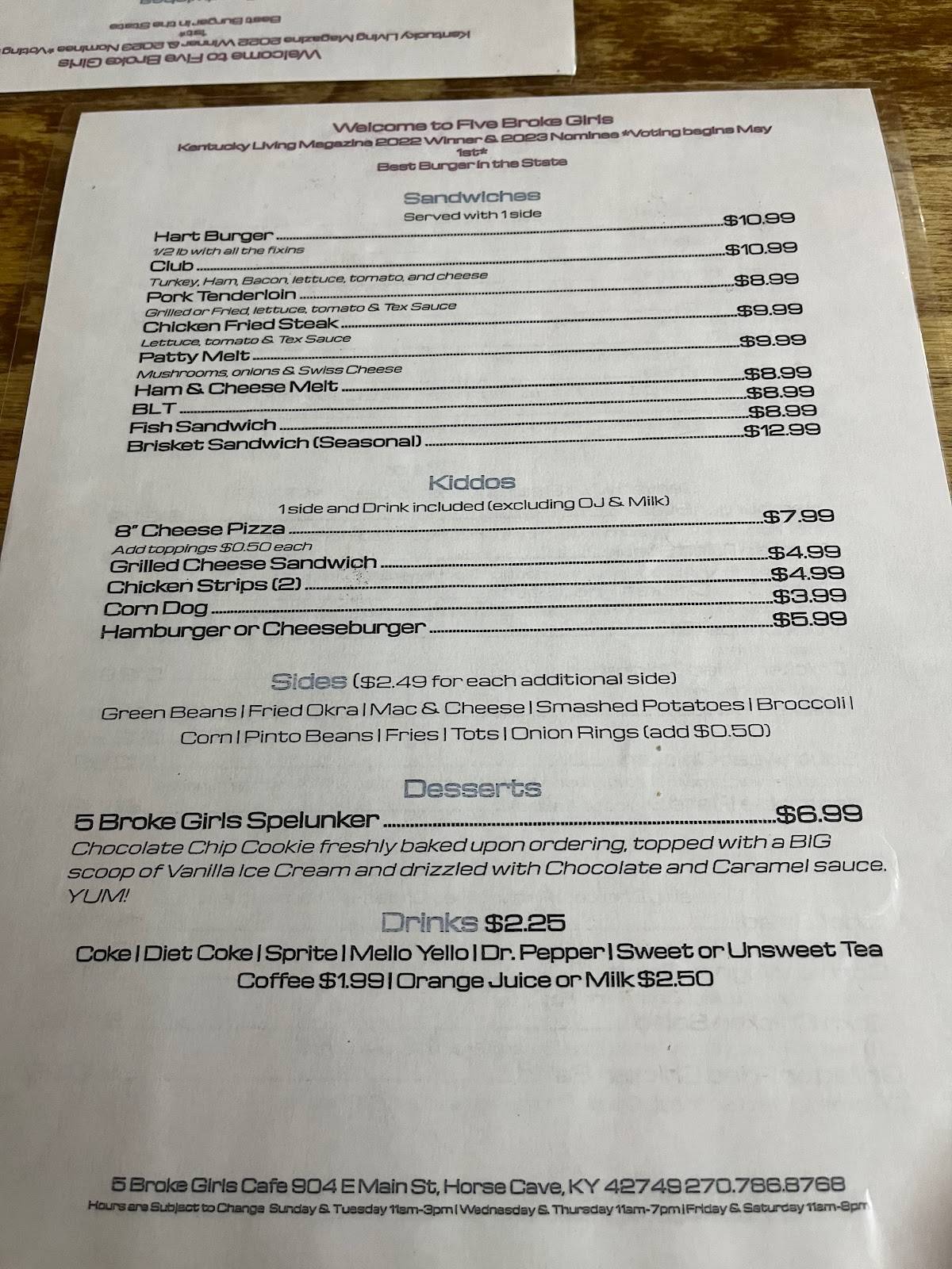 Menu at 5 Broke Girls restaurant, Horse Cave