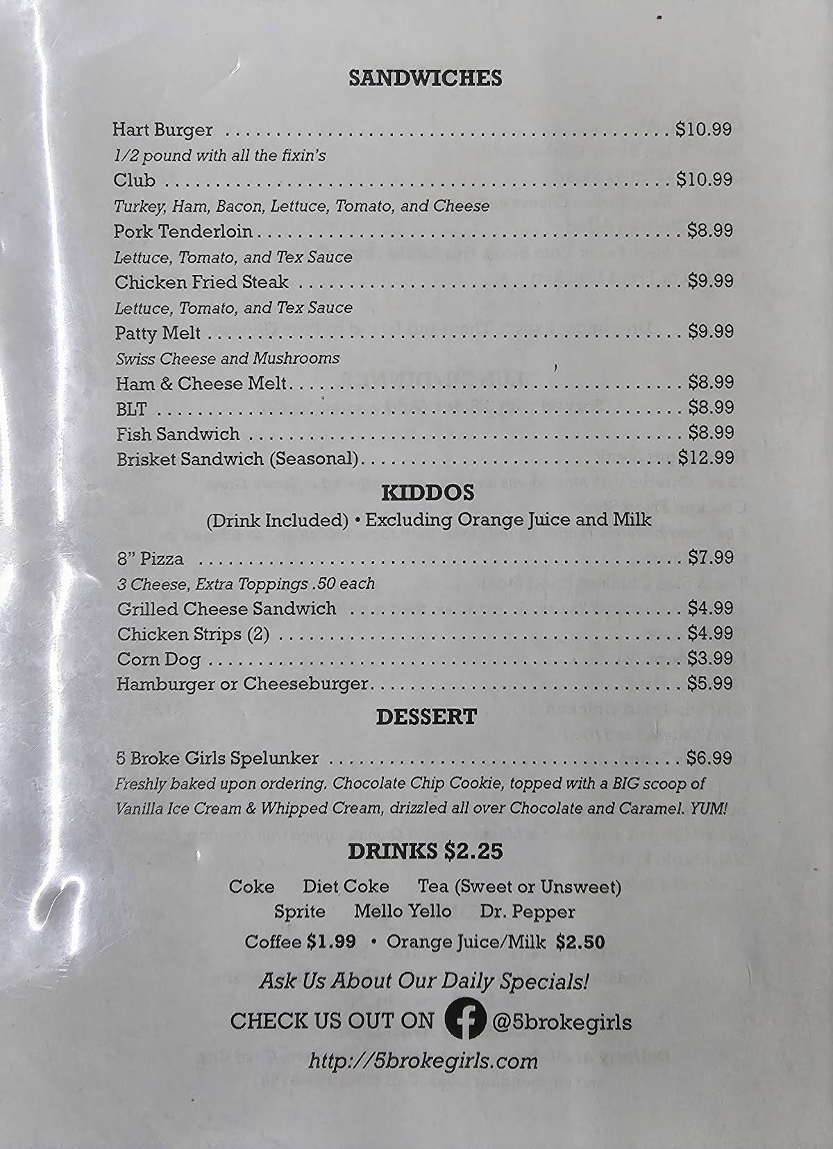 Menu at 5 Broke Girls restaurant, Horse Cave