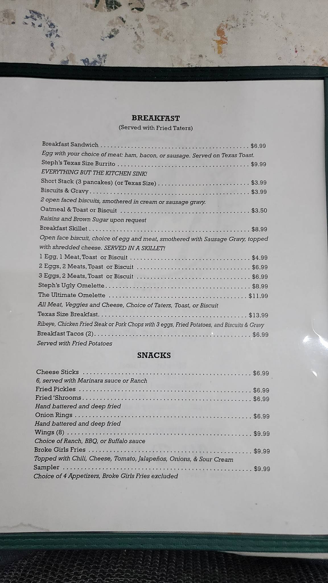 Menu at 5 Broke Girls restaurant, Horse Cave