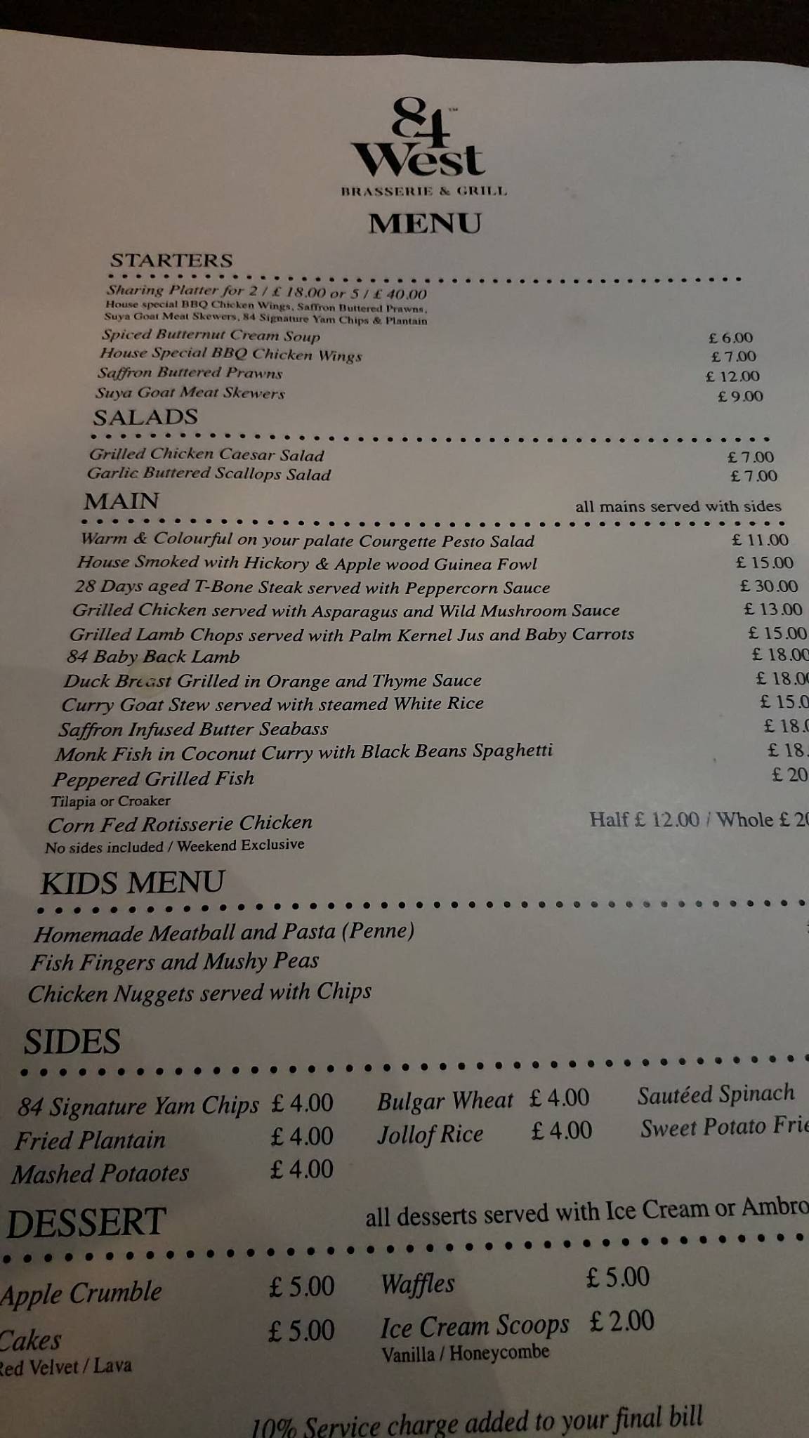Menu at 84 West Brasserie & Grill restaurant, London
