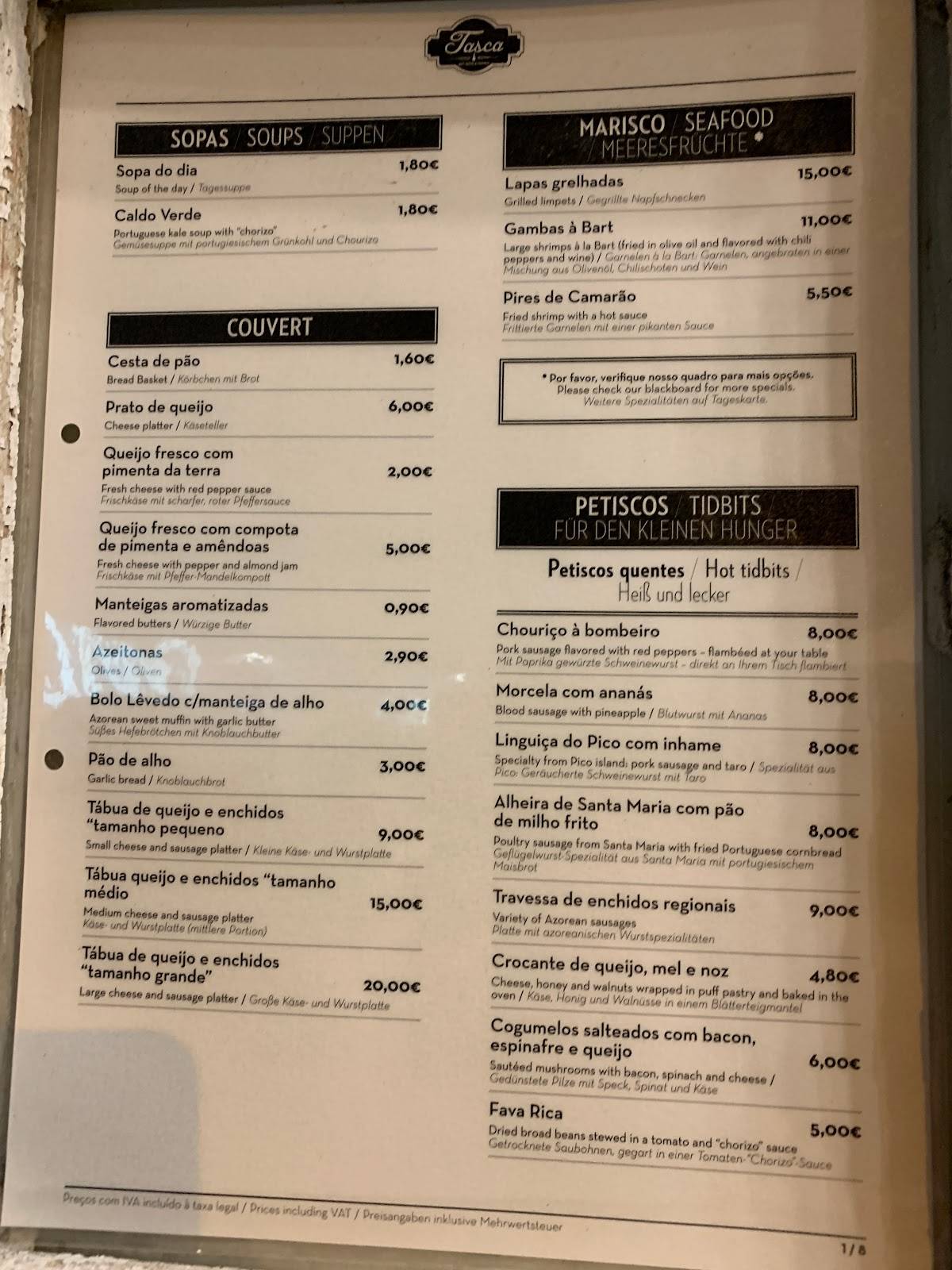 Menu at A Tasca restaurant, Ponta Delgada