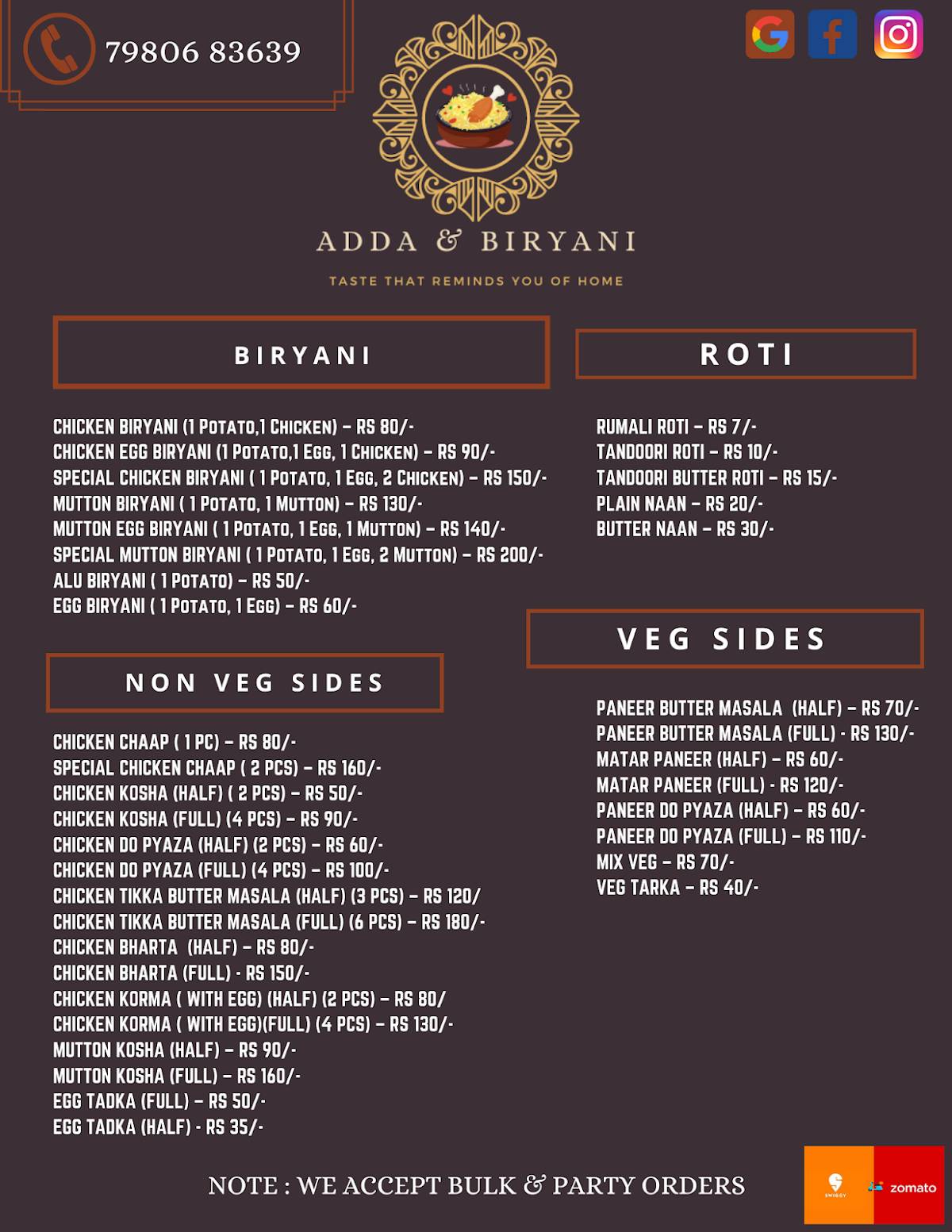 Menu at ADDA & BIRYANI, Kolkata