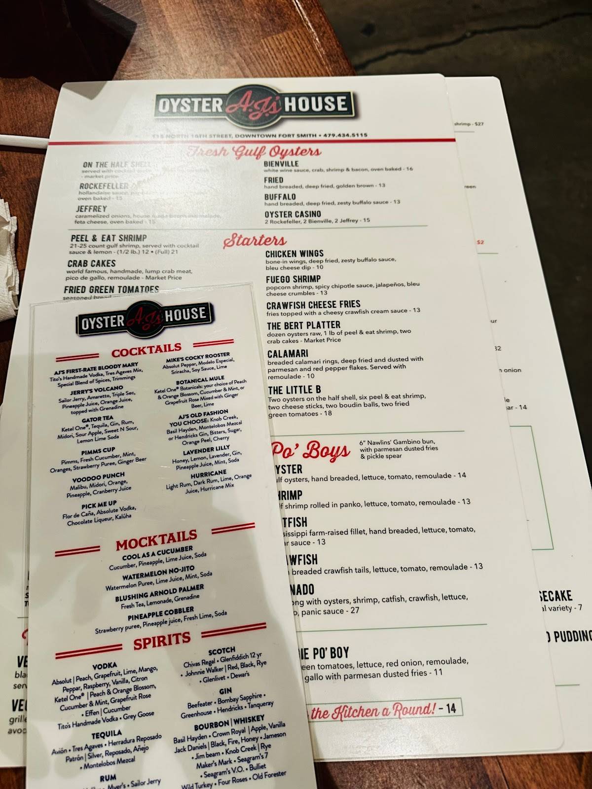 Menu at AJ's Oyster House pub & bar, Fort Smith