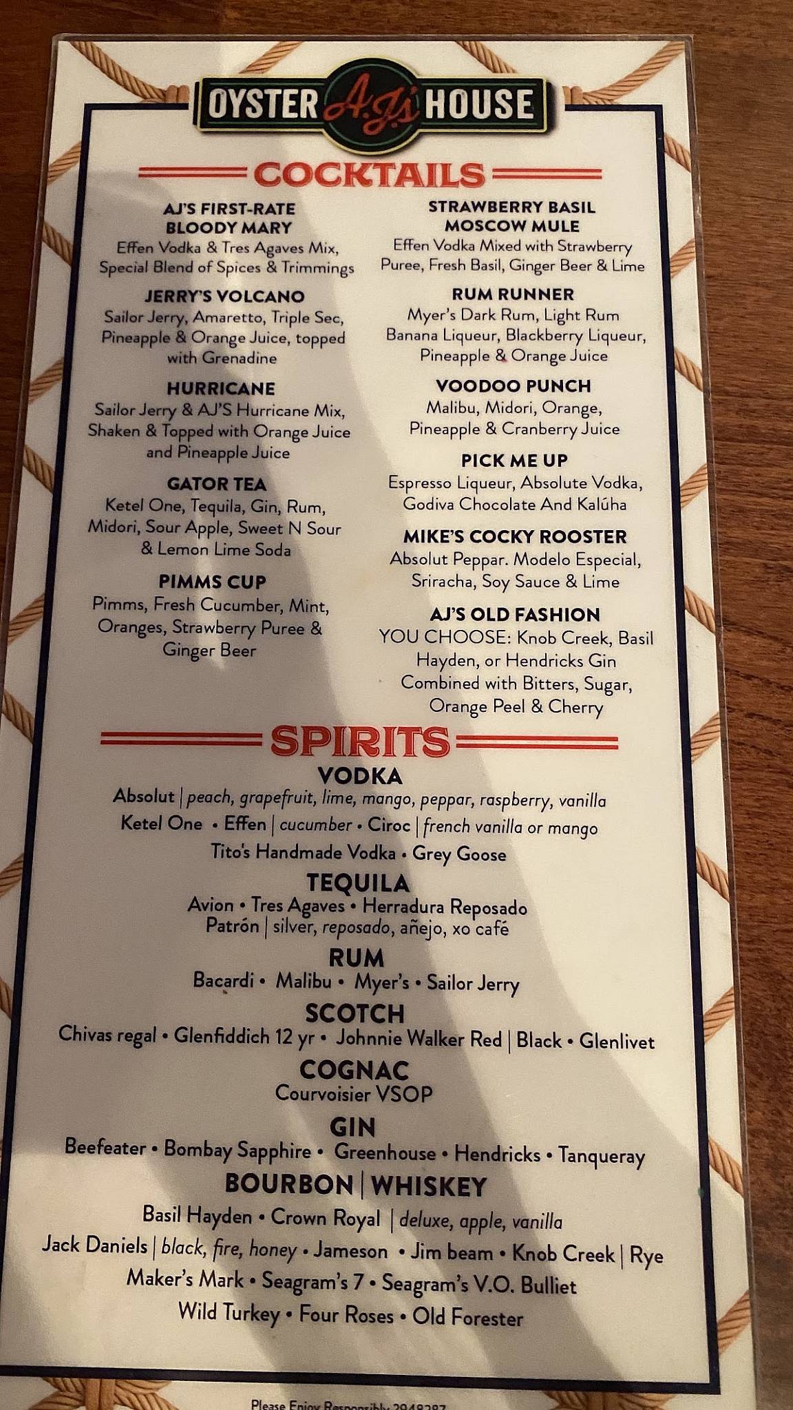 Menu at AJ's Oyster House pub & bar, Fort Smith