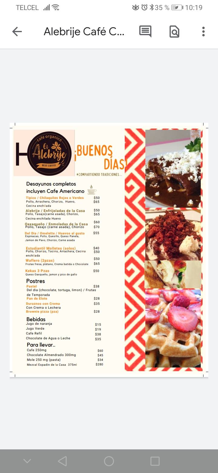 Carta de ALEBRIJE CAFÉ, Tlaxcala de Xicohtencatl