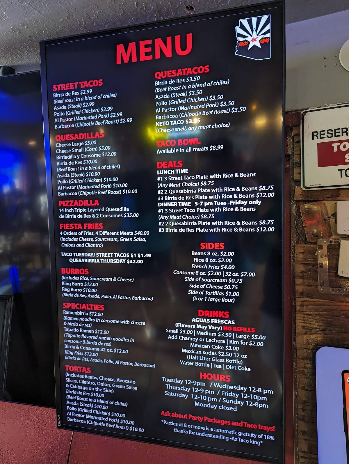 Menu at AZ Taco King Phoenix restaurant, Phoenix