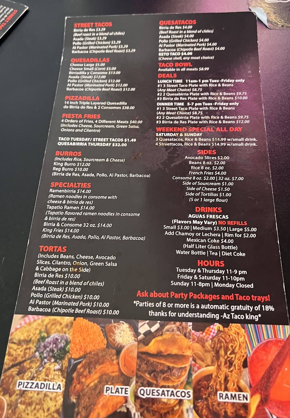 Menu at AZ Taco King Phoenix restaurant, Phoenix