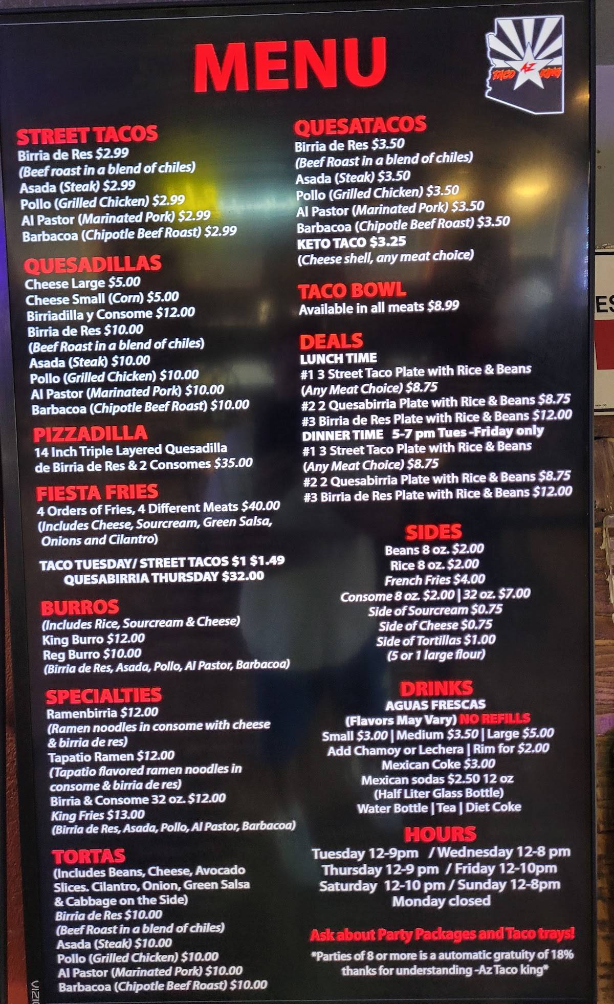 Menu at AZ Taco King Phoenix restaurant, Phoenix