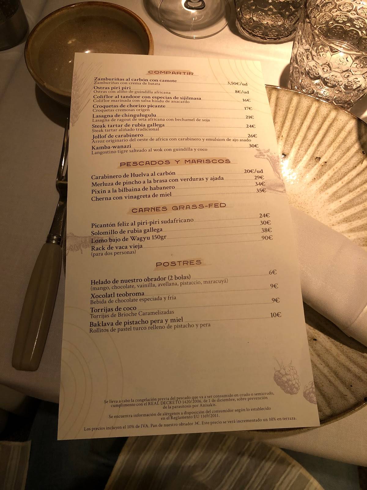 Menu at Aarde restaurant, Madrid