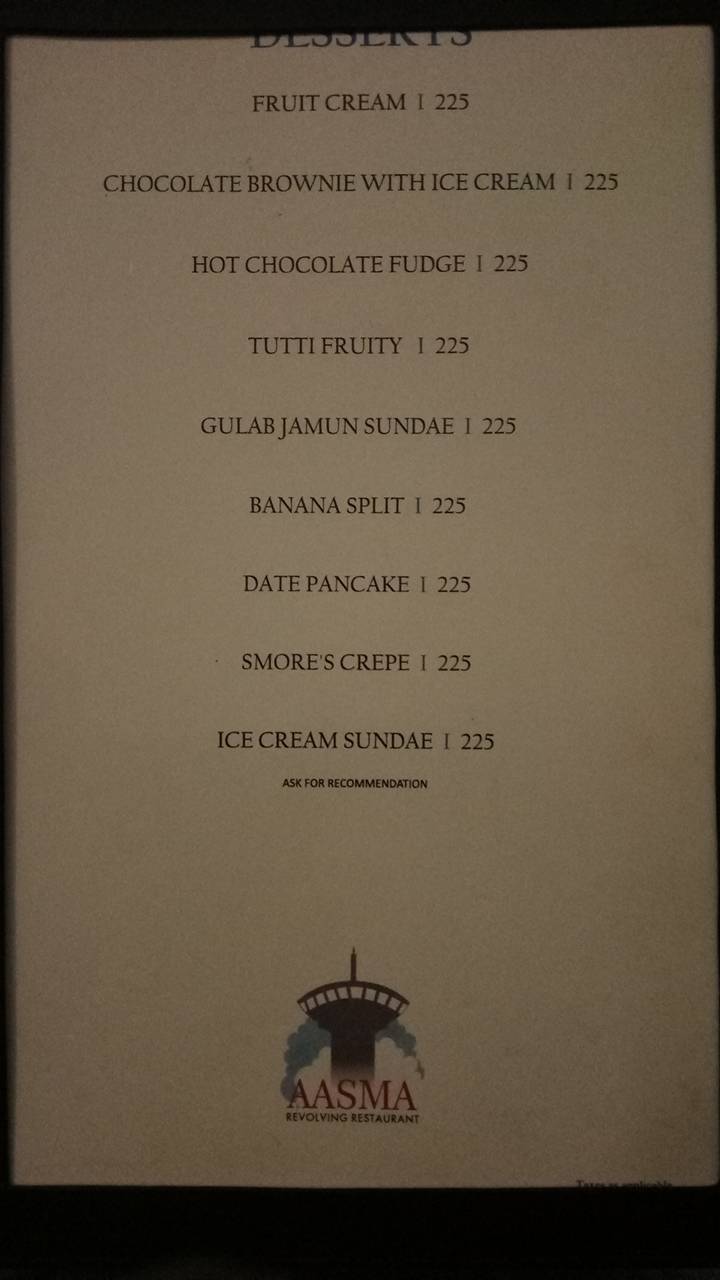 Menu at Aasma Revolving Restaurant, Rampur Seori, Inox Nh 22 Mall