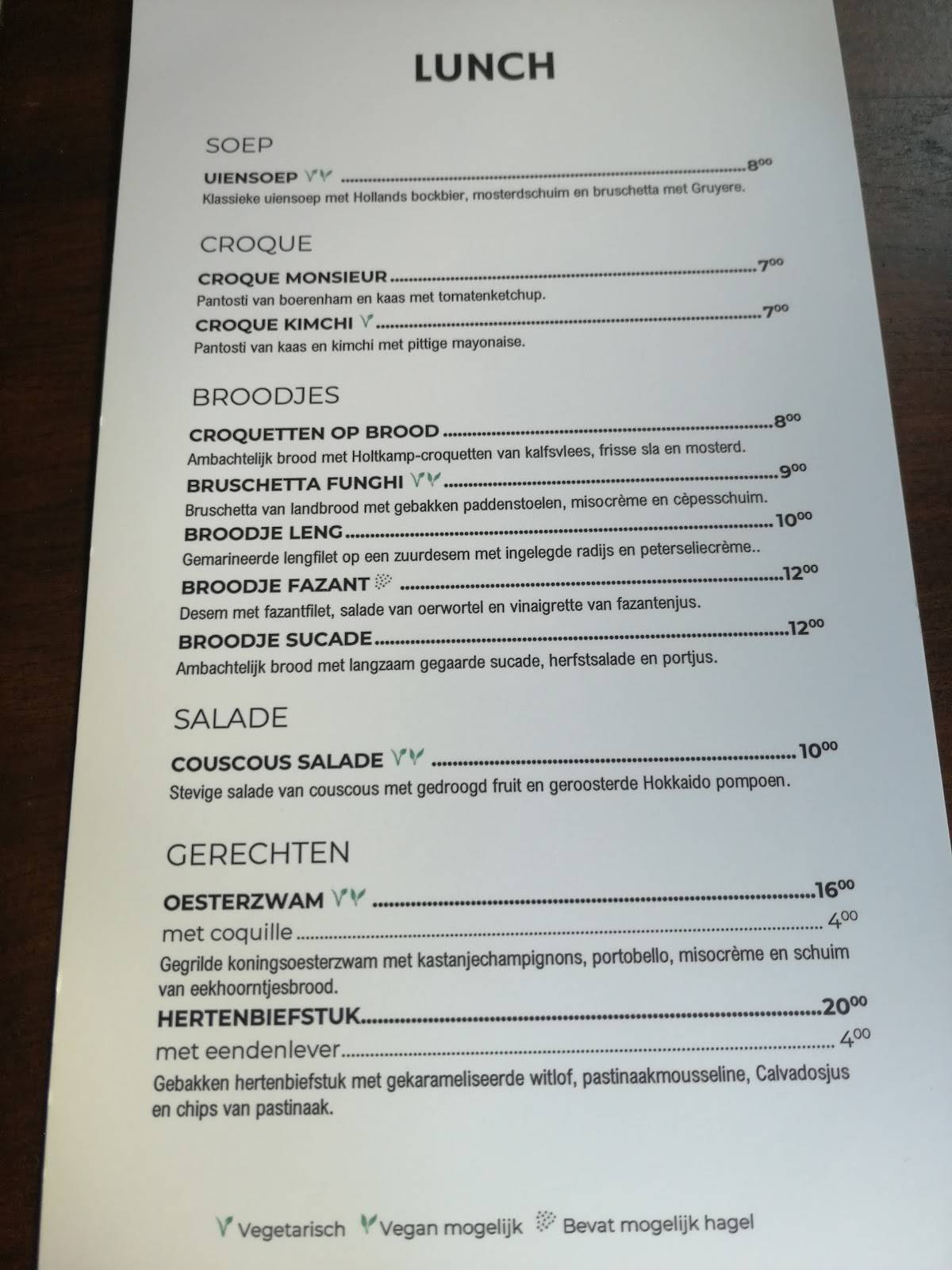 Menu at Abbey, Amsterdam