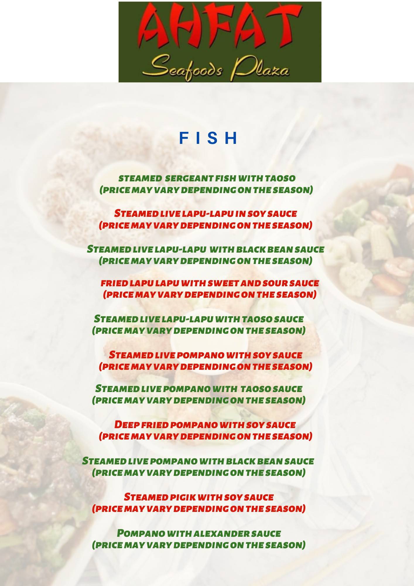 Menu at Ahfat Seafoods Plaza restaurant, Davao City