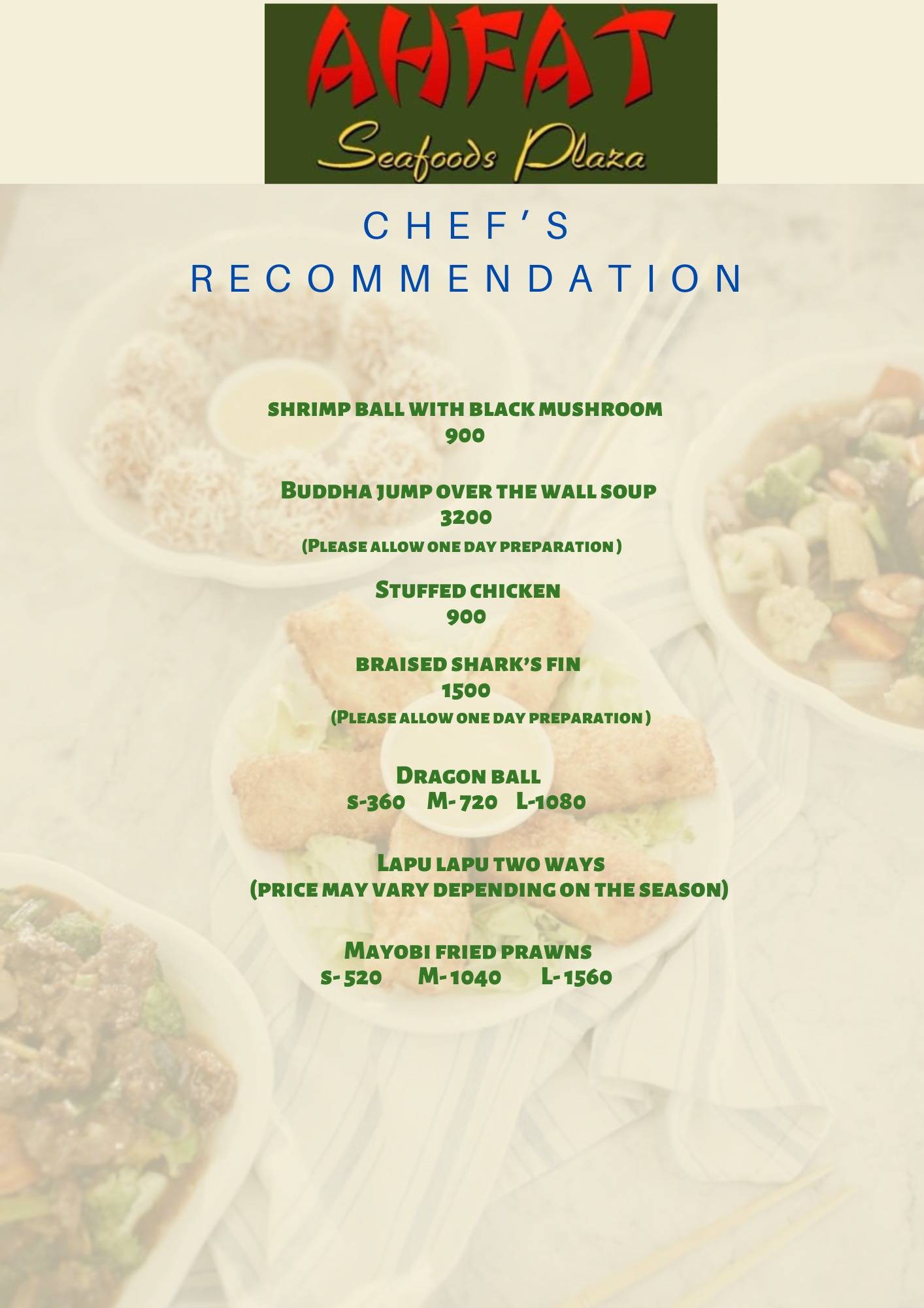 Menu at Ahfat Seafoods Plaza restaurant, Davao City