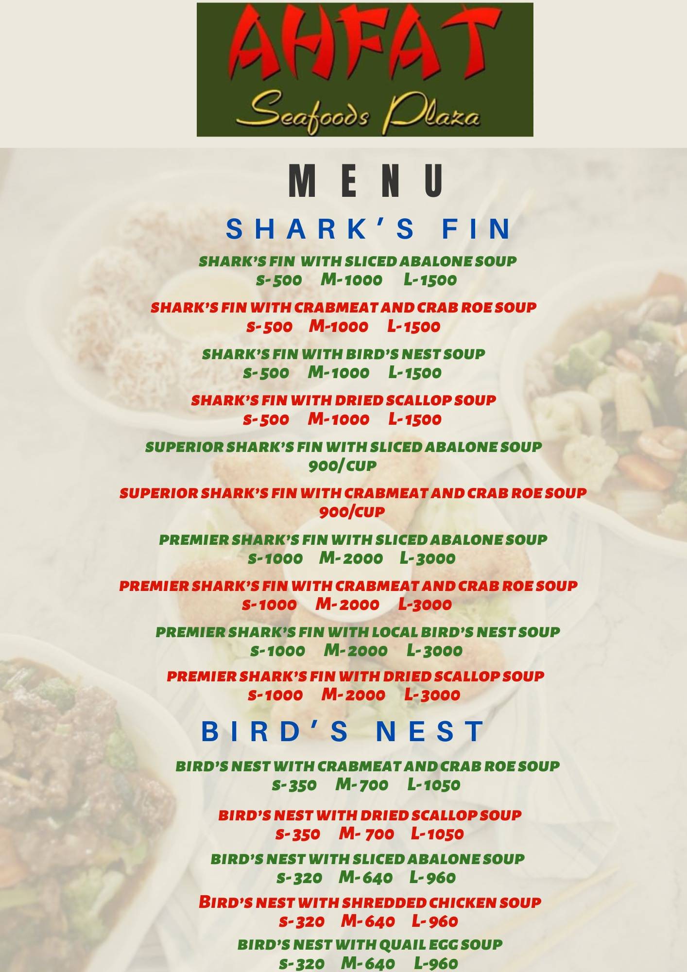 Menu at Ahfat Seafoods Plaza restaurant, Davao City