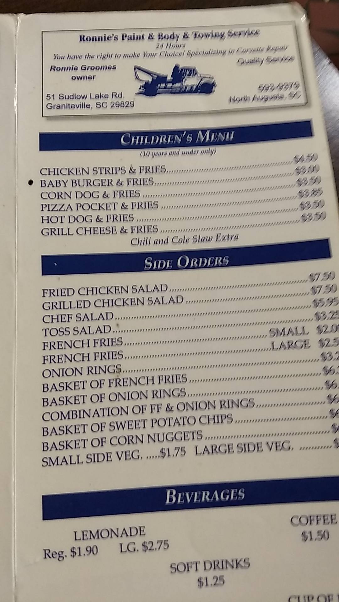 Menu at Blue Top Grill restaurant, Graniteville