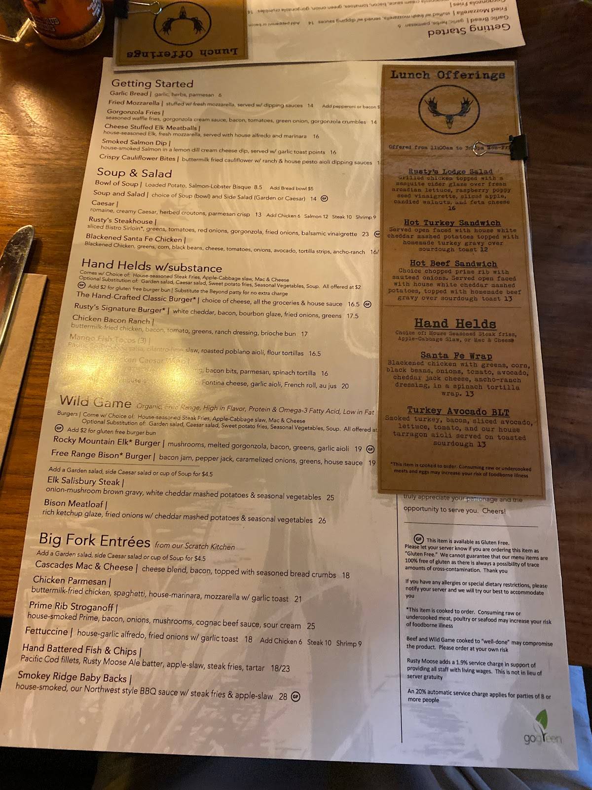 Menu at Rusty Moose steakhouse, Spokane, 9105 US-2