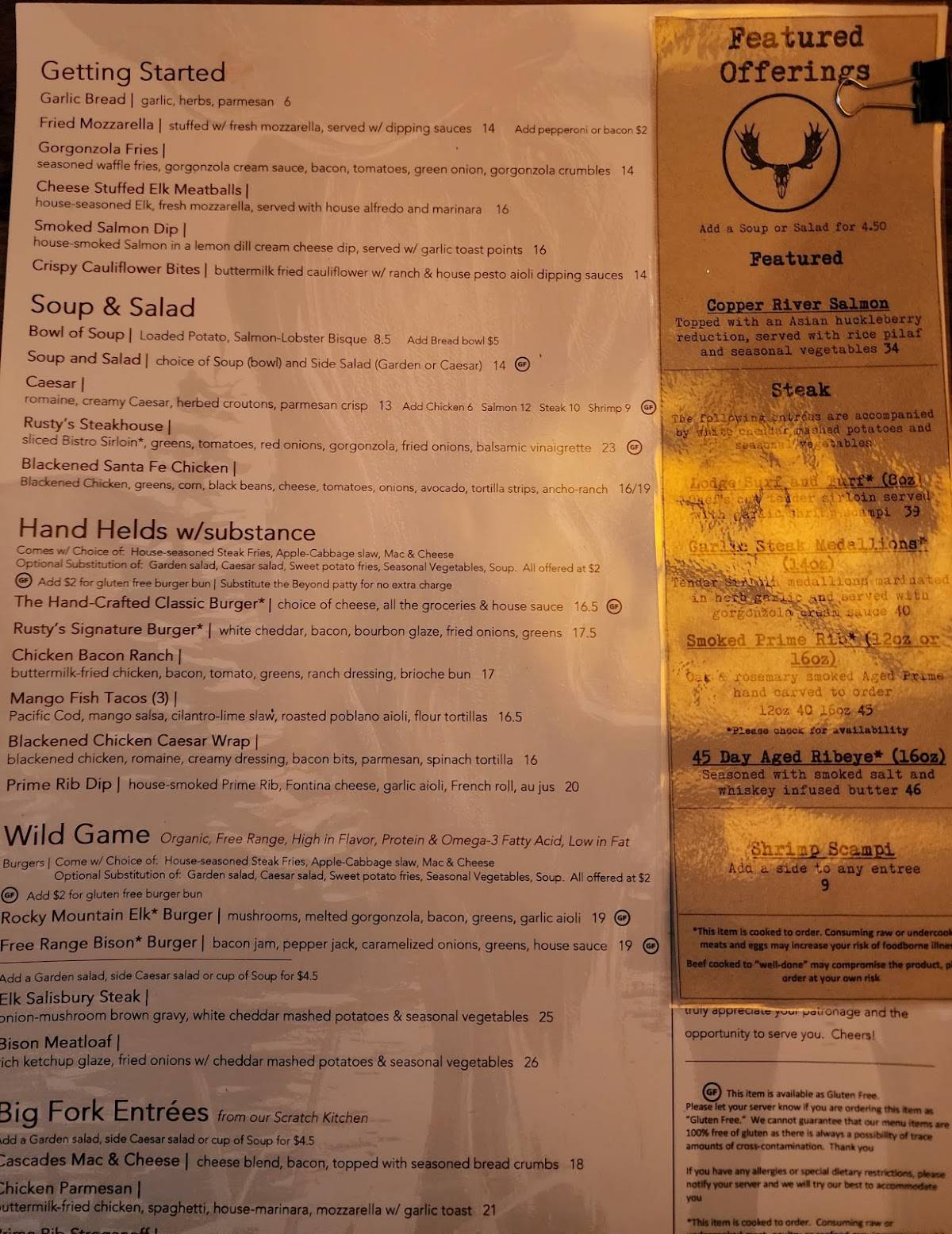 Menu at Rusty Moose steakhouse, Spokane, 9105 US-2